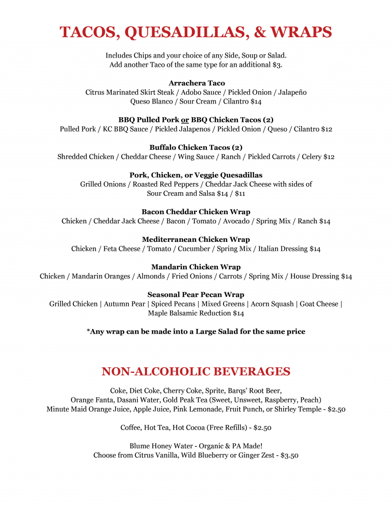 Tap Room Menu - Straub Brewery