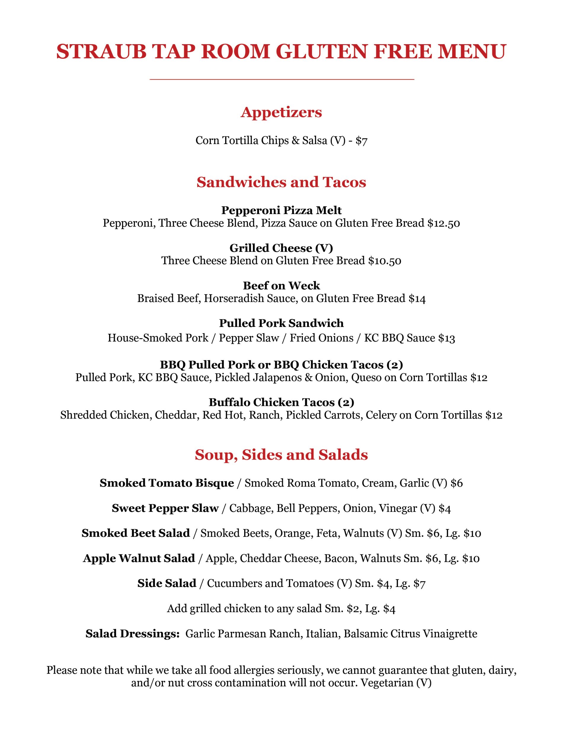 Tap Room Menu - Straub Brewery