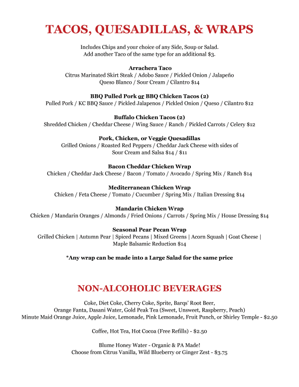 Tap Room Menu - Straub Brewery