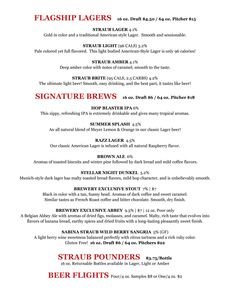 Tap Room Menu - Straub Brewery