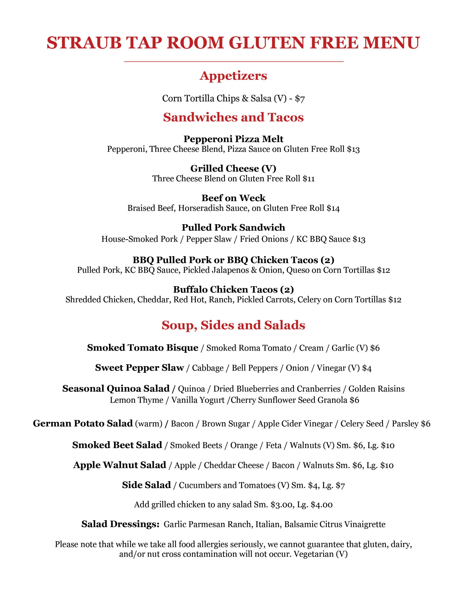 Tap Room Menu - Straub Brewery