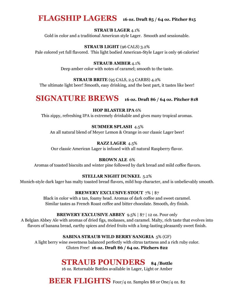 Tap Room Menu - Straub Brewery