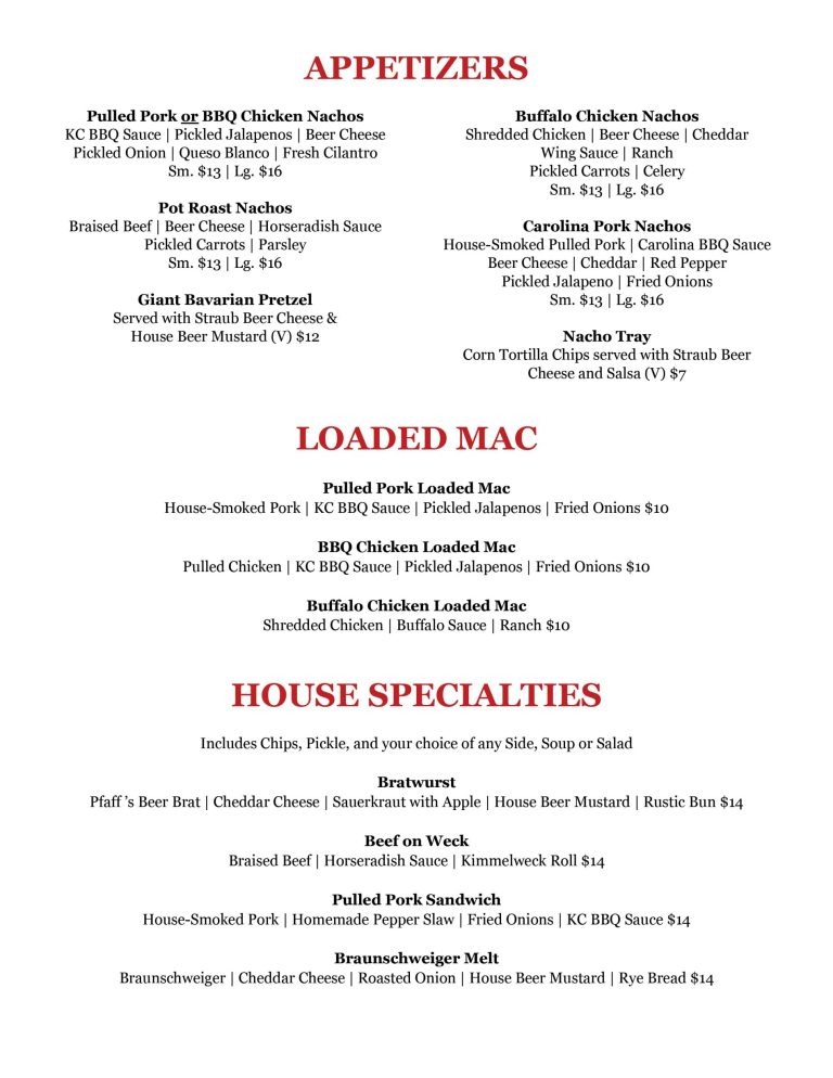 Tap Room Menu - Straub Brewery