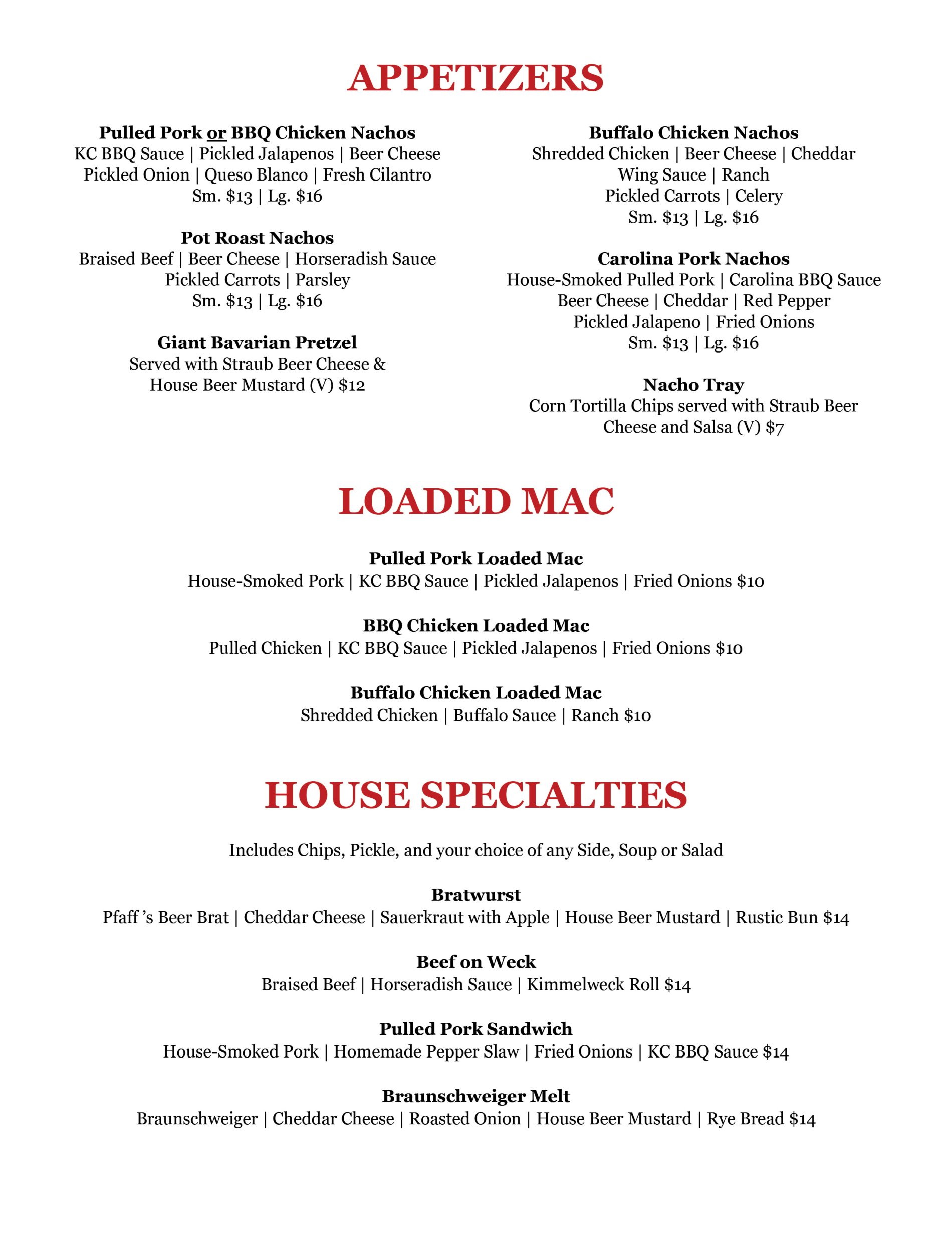 Tap Room Menu - Straub Brewery