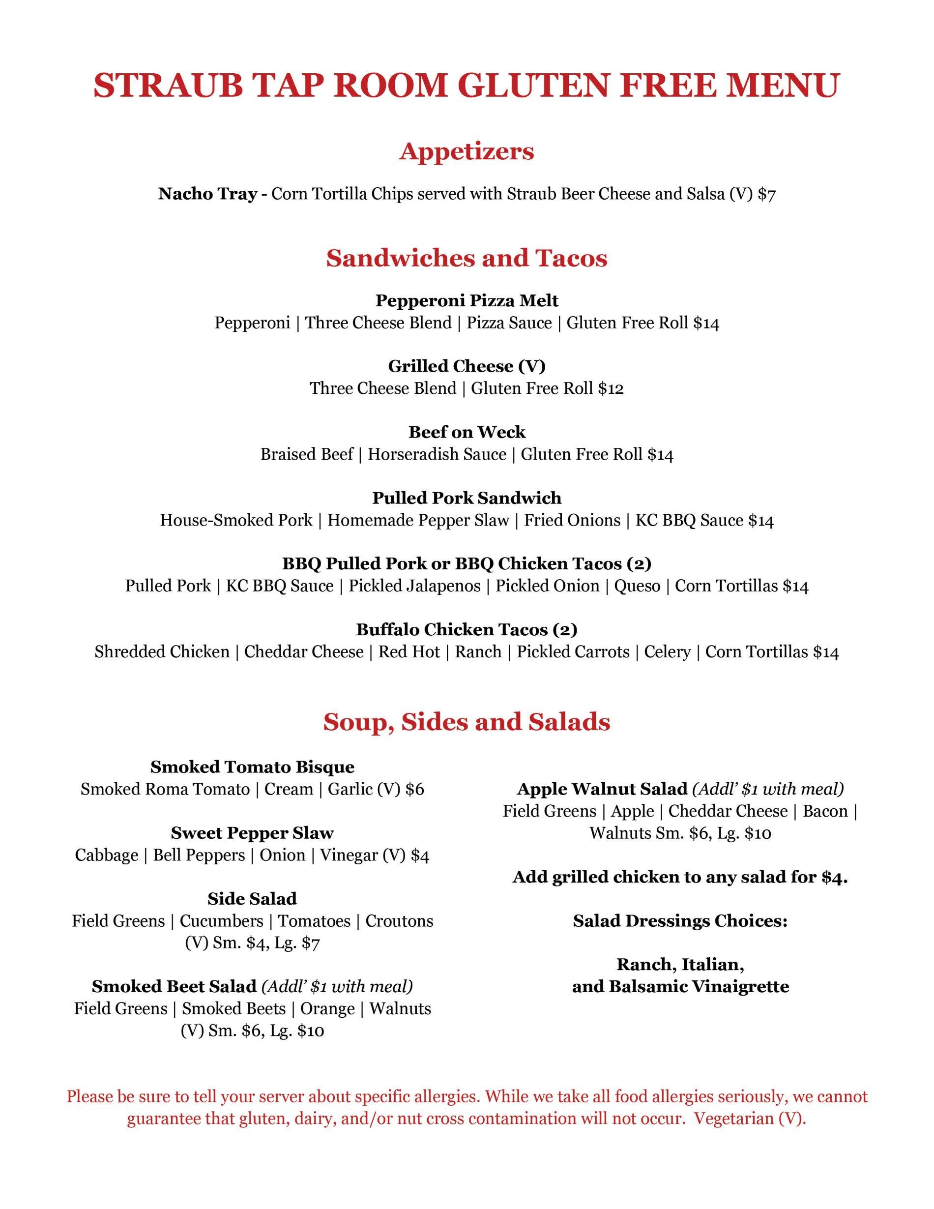 Tap Room Menu - Straub Brewery