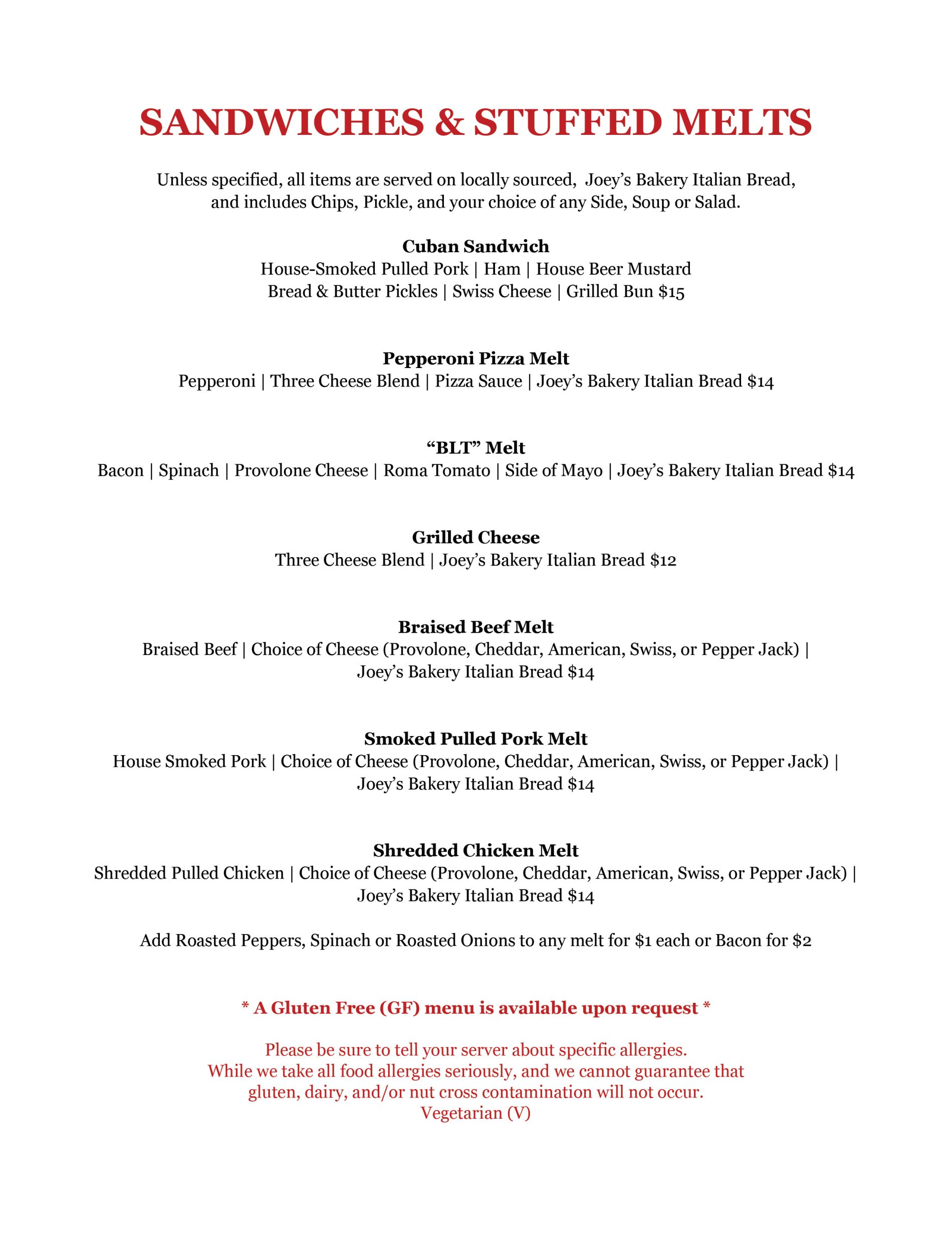 Tap Room Menu - Straub Brewery