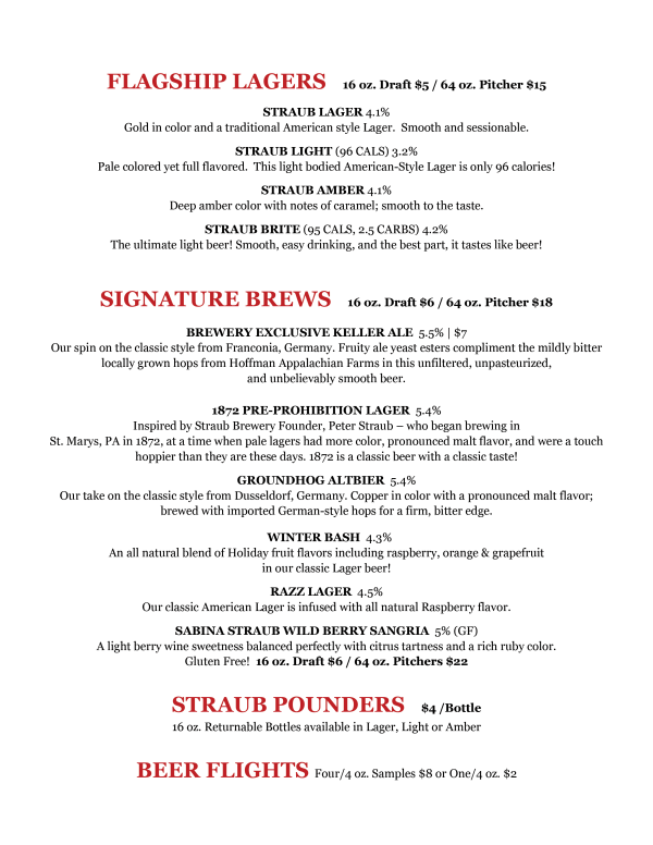 Tap Room Menu - Straub Brewery