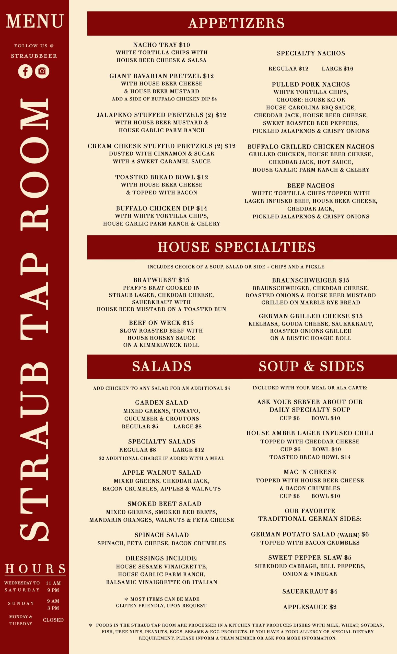 Tap Room Menu - Straub Brewery