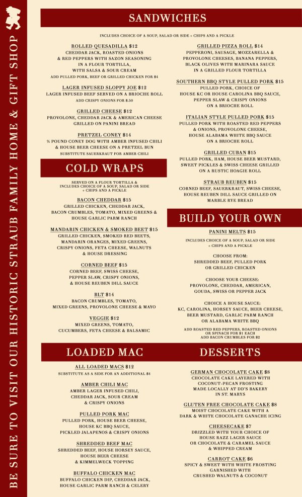 Tap Room Menu - Straub Brewery