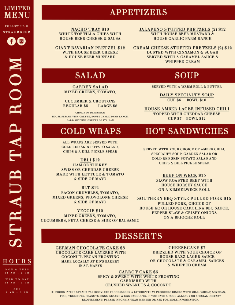 Tap Room Menu - Straub Brewery