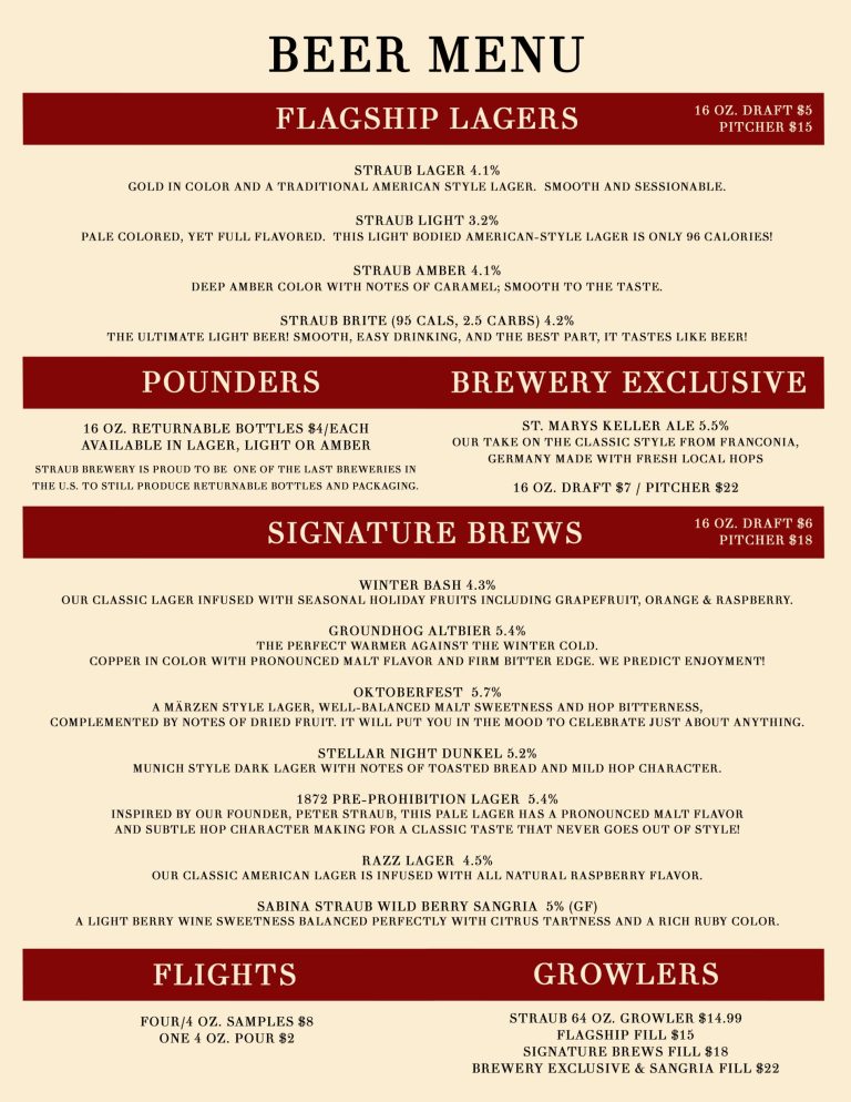 Tap Room Menu - Straub Brewery