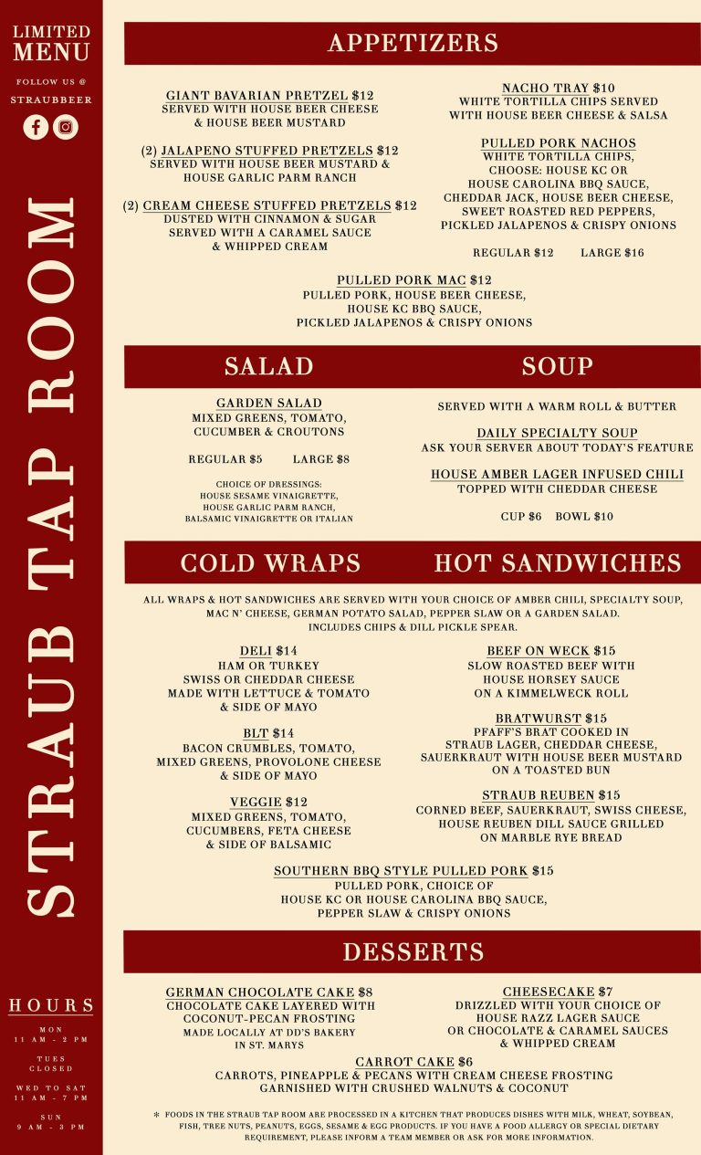 Tap Room Menu - Straub Brewery