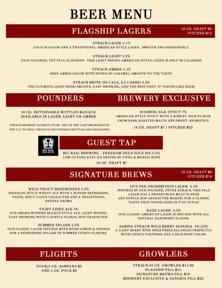 Tap Room Menu - Straub Brewery